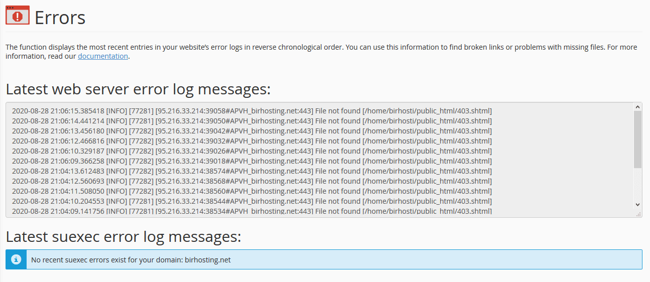 آموزش بخش Errors در cPanel - Bir Hosting | بیرهاستینگ